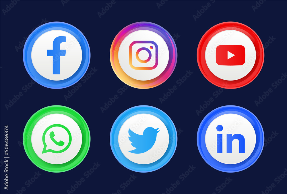 social media icons buttons in modern circle frame. popular social network platforms logos, meta ...