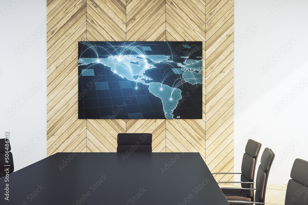Abstract digital world map with connections on presentation monitor in ...