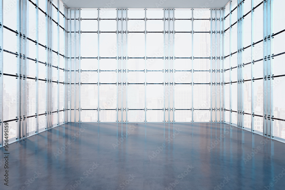 Front view on empty spacious hall in business center with city view ...