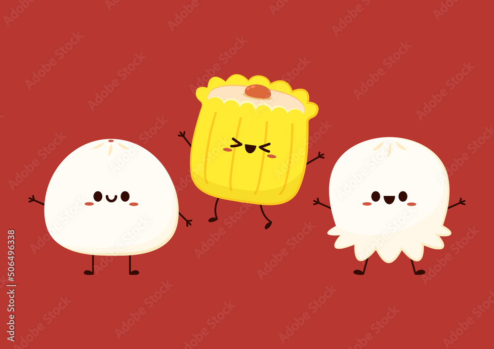 Dim sum character design. Chinese food cartoon vector. Bao or Steam bun ...
