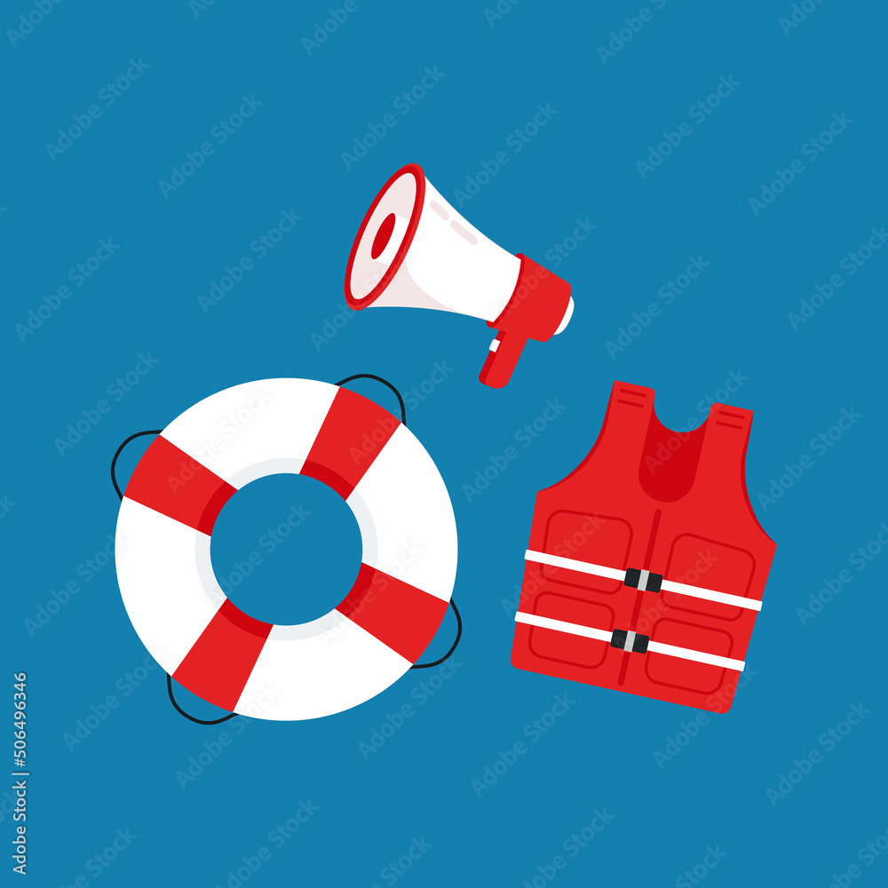 Lifebuoy, megaphone and life Jacket cartoon vector. Vector flat style ...