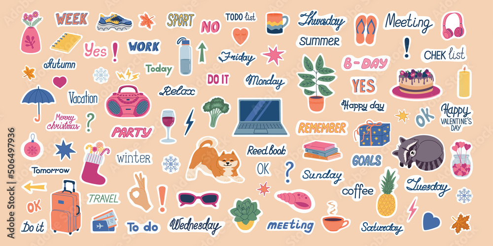 Big set of planning stickers . Cute weekly image and trendy lettering for diaries and organizers ...