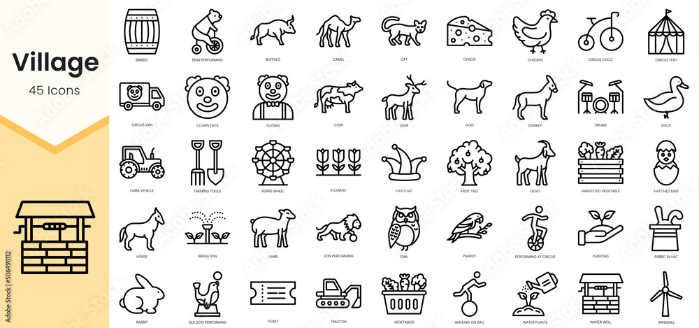 Vetor de Set of village icons. Simple line art style icons pack. Vector ...