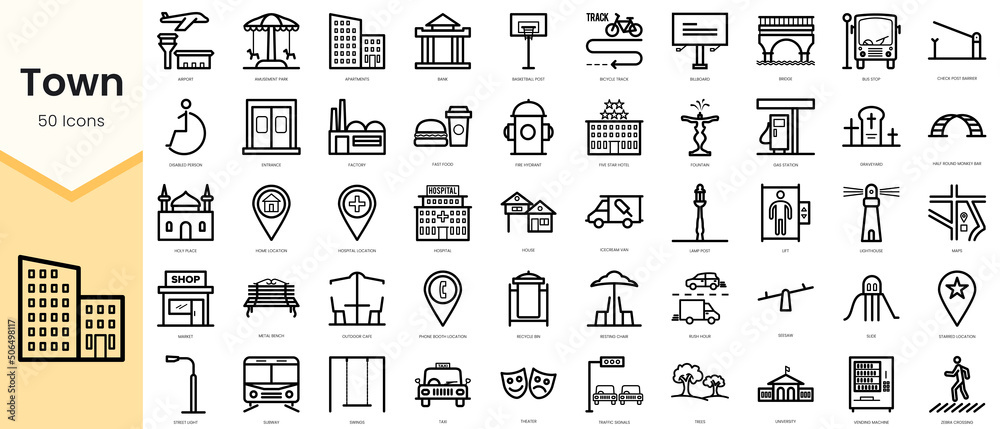 Set of Town icons. Simple line art style icons pack. Vector ...