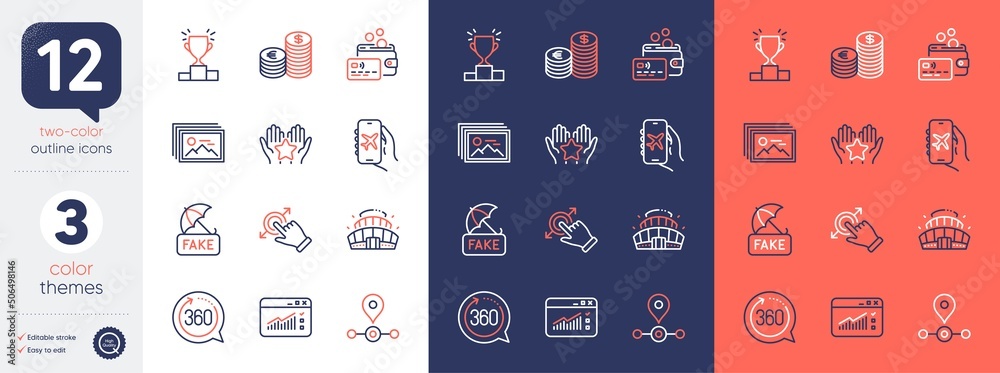 Set of Ranking, 360 degrees and Card line icons. Include Touchscreen gesture, Fake news, Image ...