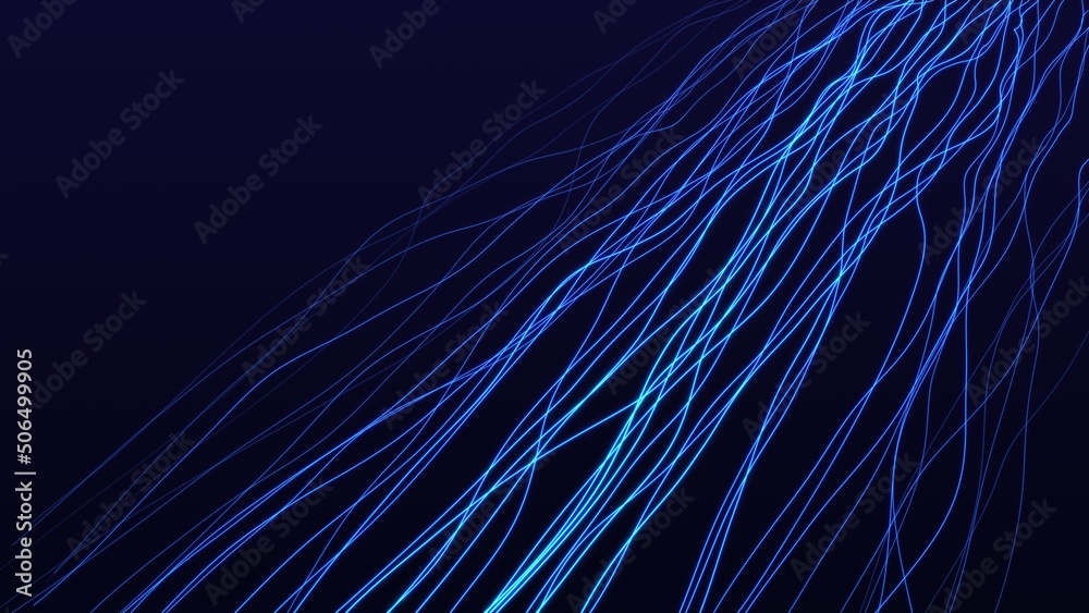 Abstract blue background with wave flow of particles. Digital optical ...