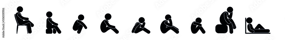 sitting people icons collection, isolated stick figure man sat down ...
