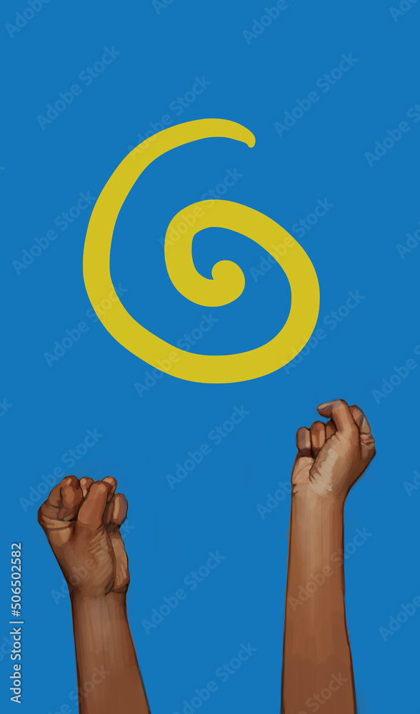 hands raised with closed fists. Several hands raised up with a closed ...