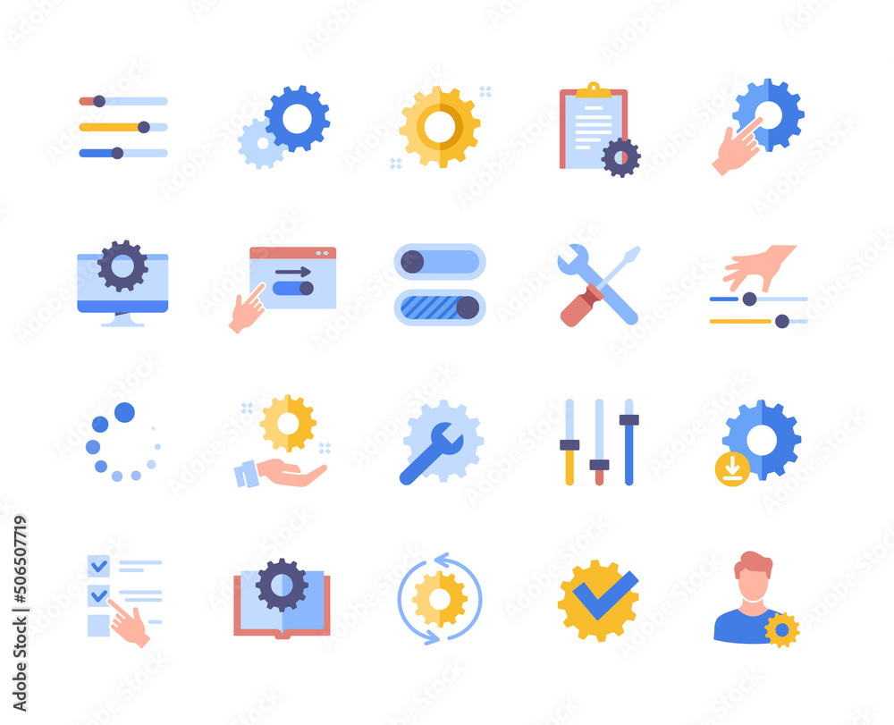 Set of colorful Setup and Settings Icons. Elements with master, gears ...