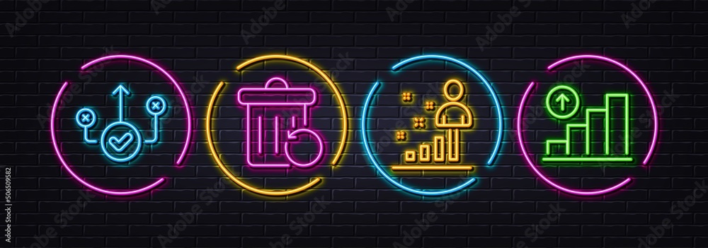Stats, Correct way and Recovery trash minimal line icons. Neon laser 3d lights. Graph chart ...