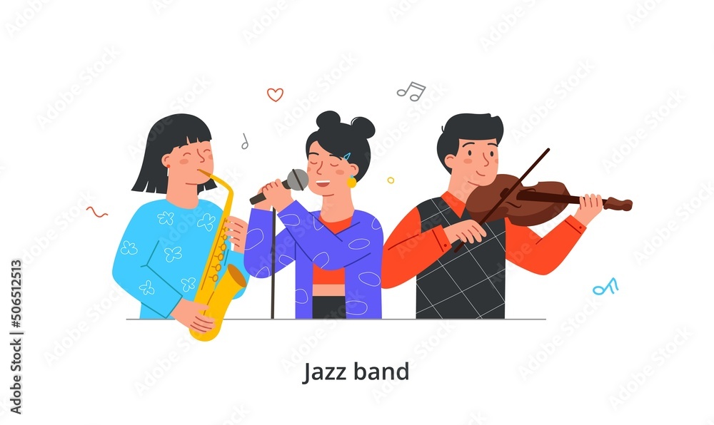 Group portrait of music band. Team of musicians and vocalist performing ...