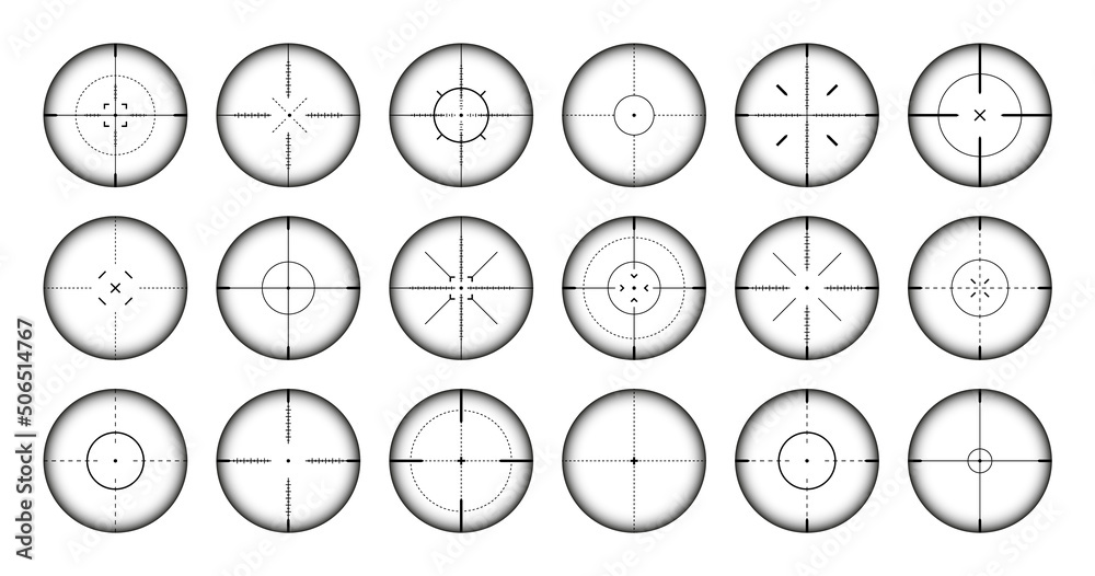 Various weapon sights, sniper rifle optical scopes. Hunting gun ...