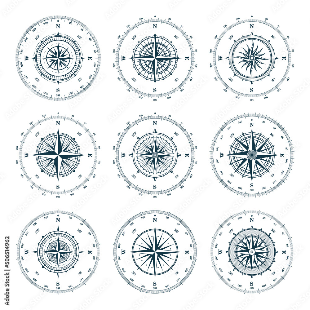 Vintage marine wind rose, nautical chart. Monochrome navigational ...