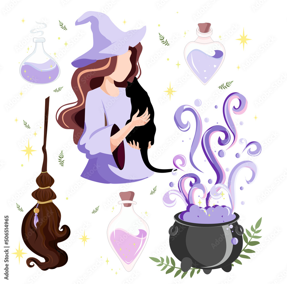 Magical doodle witch illustration set. Magic and witchcraft, witch ...