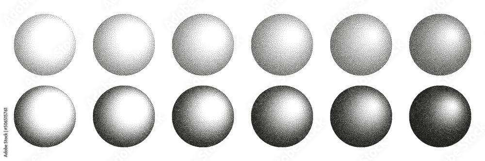Round shaped dotted objects, stipple elements. Fading gradient ...