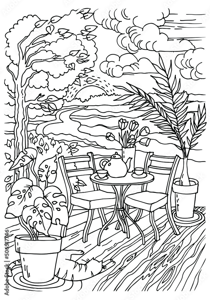 Wooden terrace with table for two tea time. Coloring page. Vacation ...