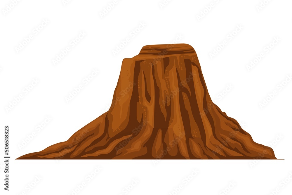 High mountain with flat top vector object isolated. Butte with steep ...