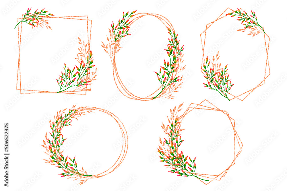 Set of watercolor gold frames with green and gold branches. Botanical ...
