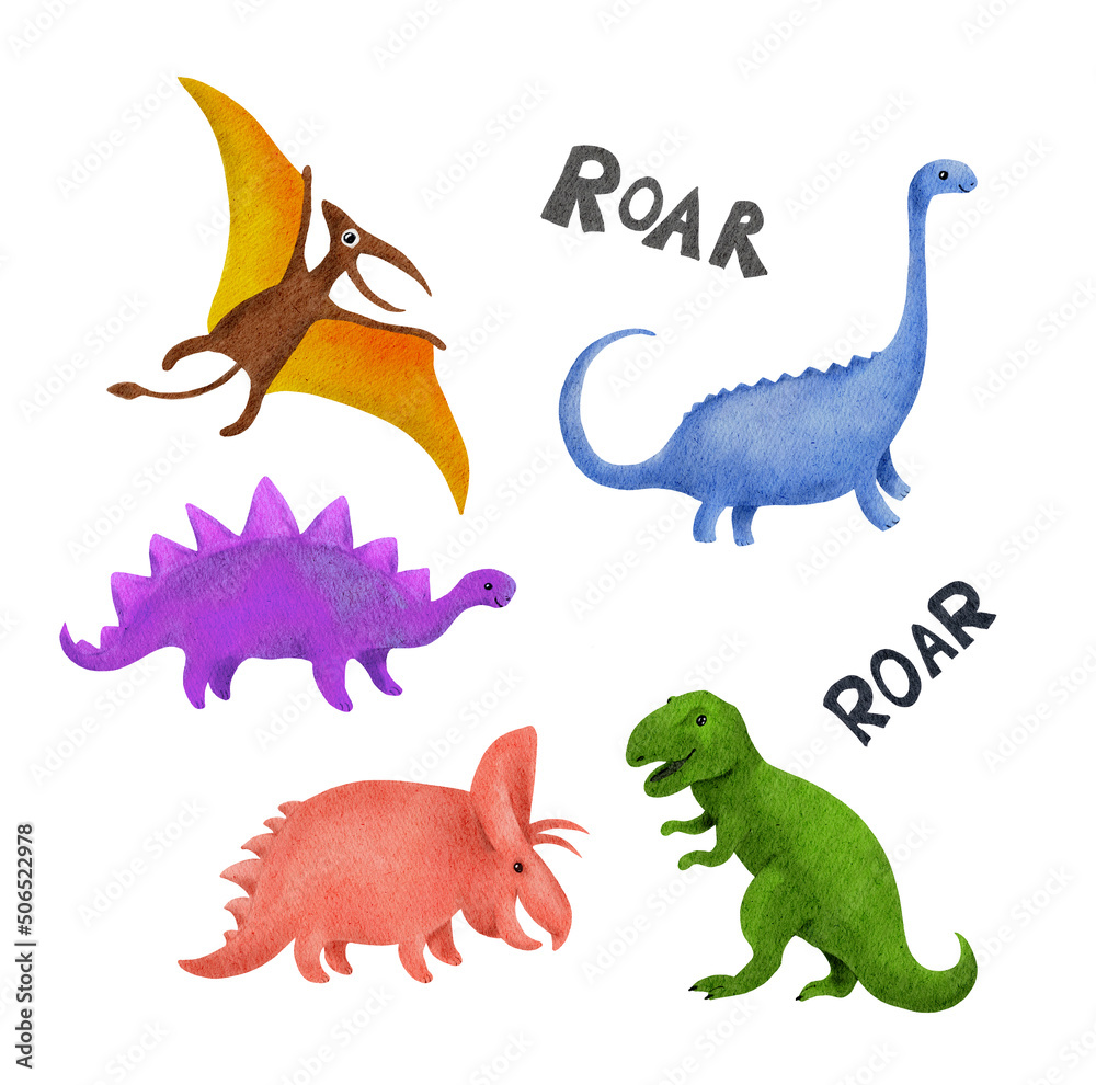 Set of cute dinosaur childish style. T-rex, tricaratops, pterodactyl ...