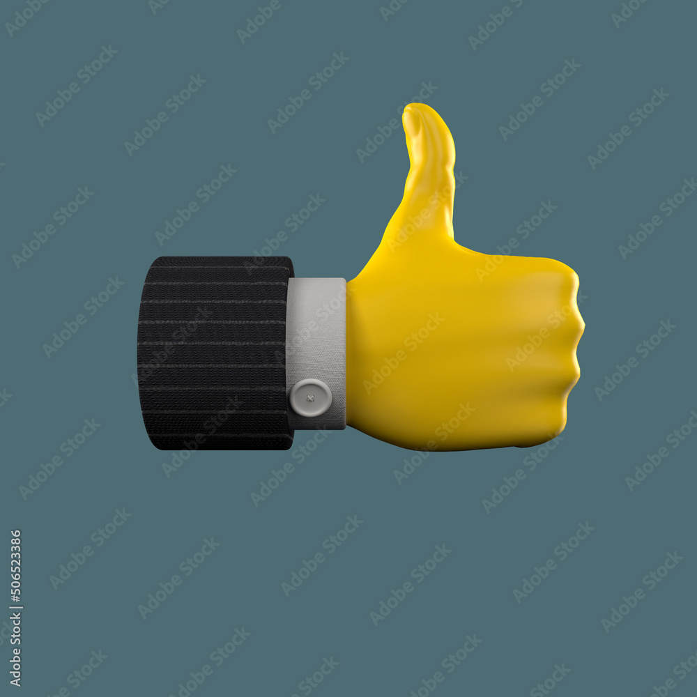 3D Illustration Yellow Thumbs Up Icon Symbol in Grey Pinstripe Suit ...