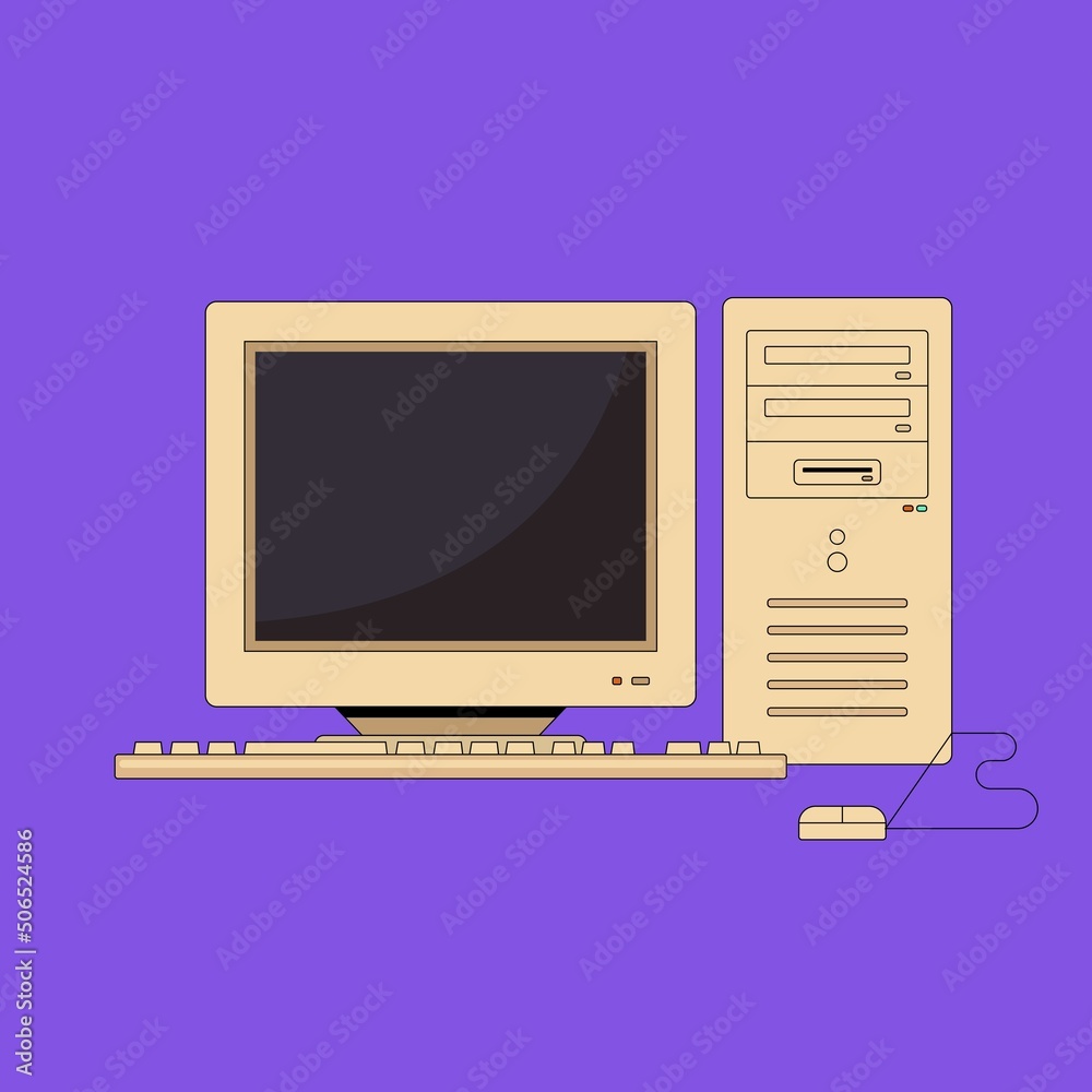 Stockvector Retro computer. Old PC with monitor keyboard and mouse in ...