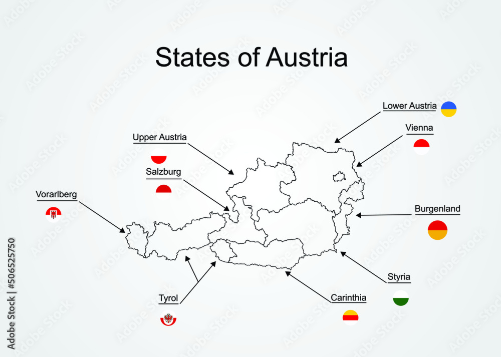 Silhouettes of the federal states of Austria map, vector illustration ...