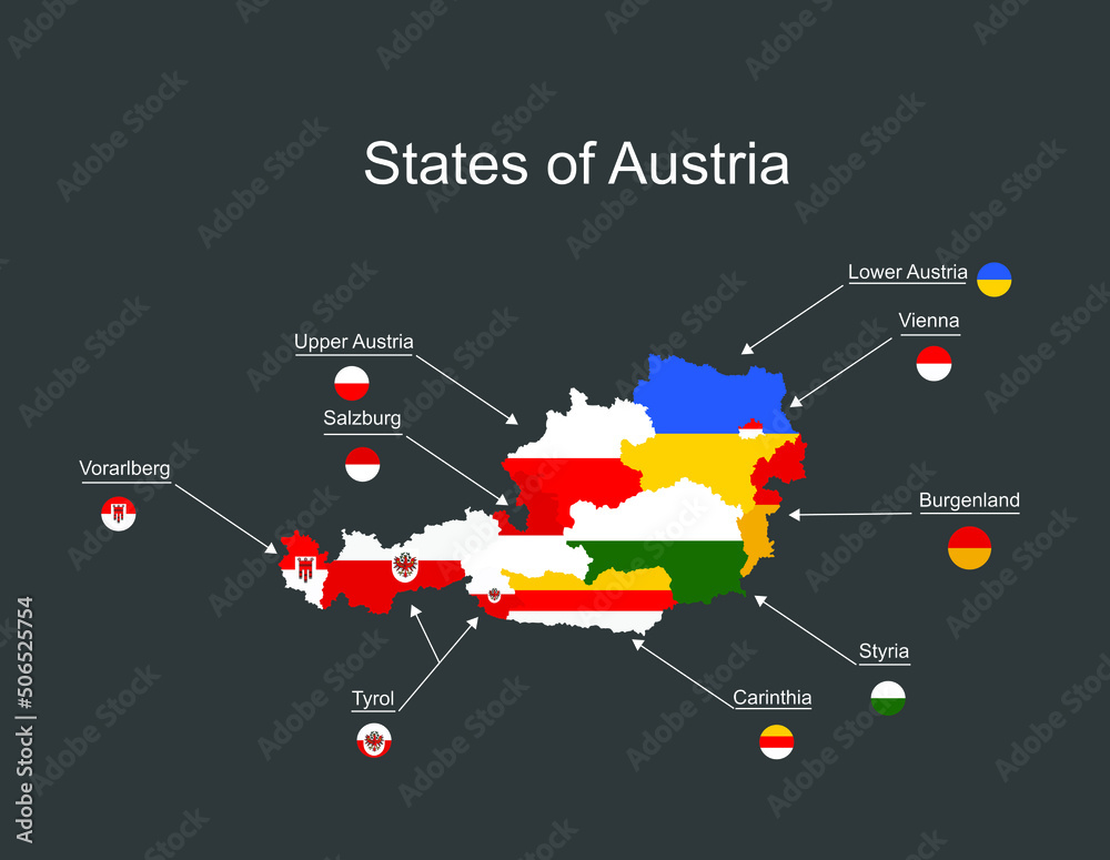 Silhouettes of the federal states of Austria map, vector illustration ...