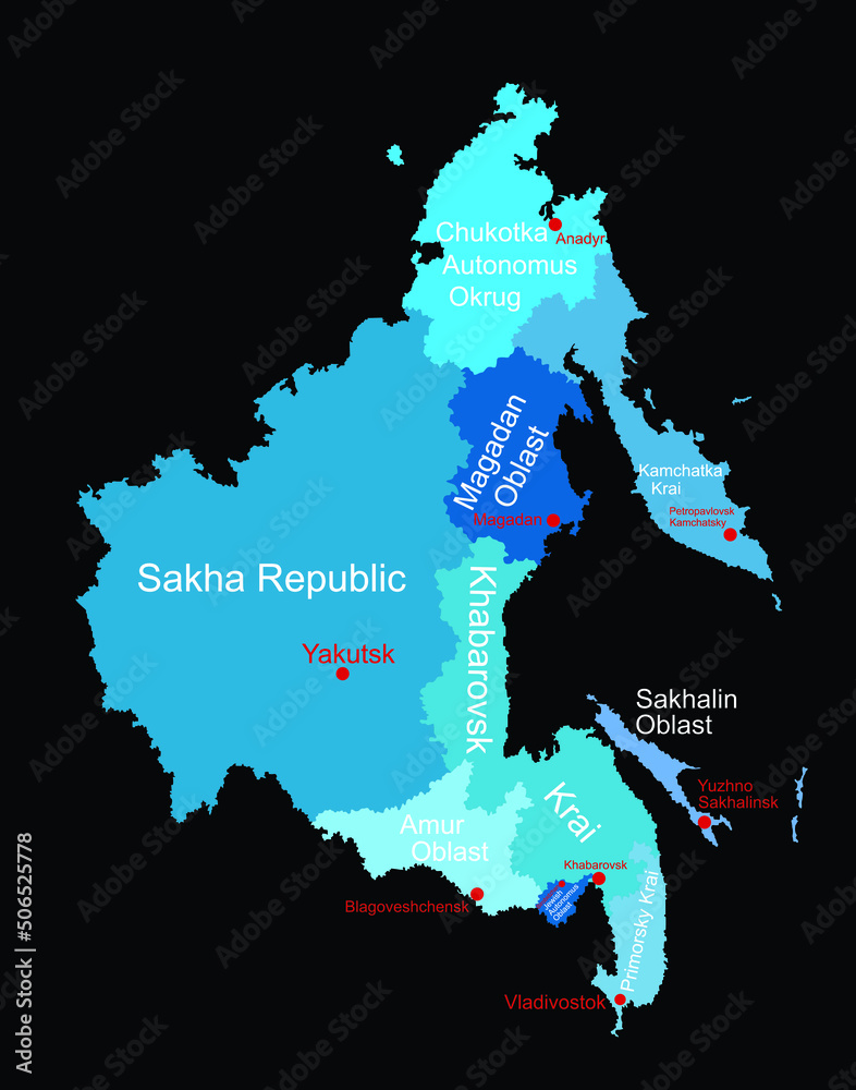 Map of Far Eastern Federal District Russia vector silhouette ...