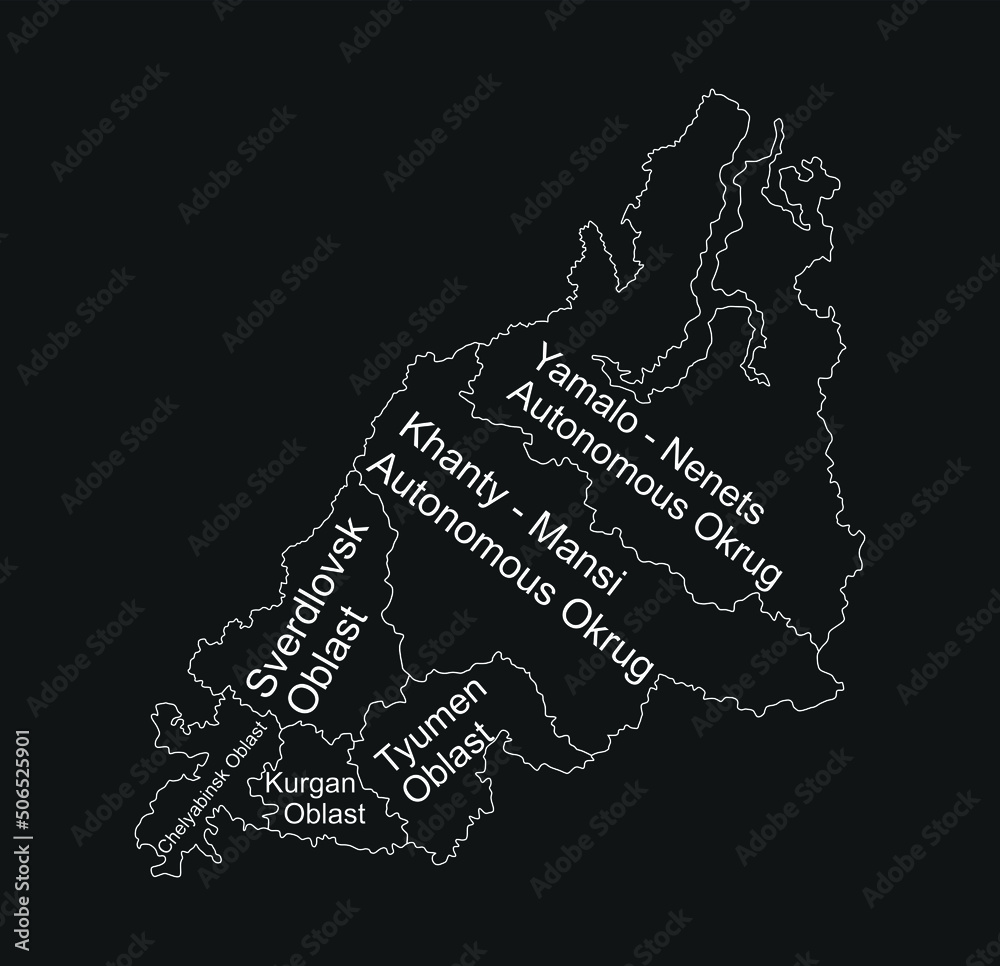 Map of Ural Federal District of Russia with borders of regions vector ...