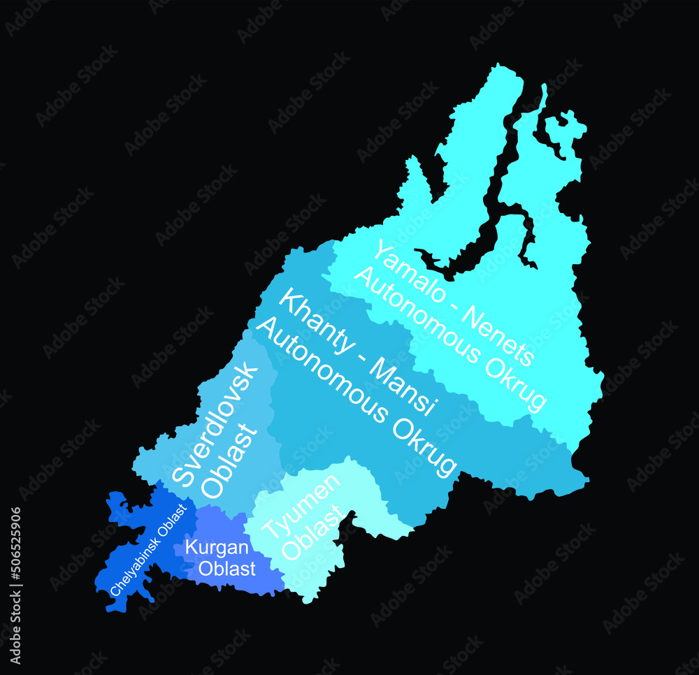 Map of Ural Federal District of Russia with borders of regions vector ...