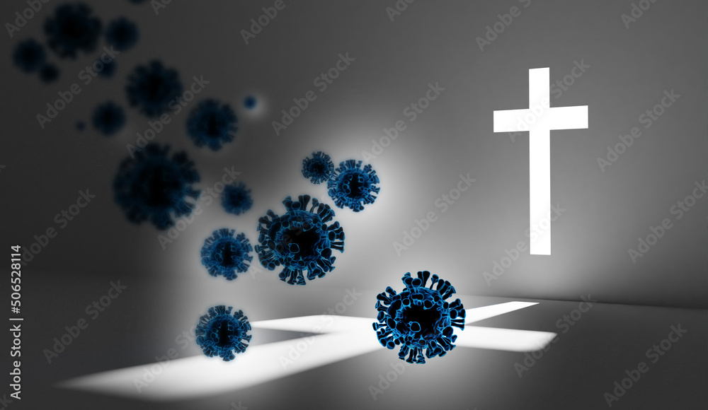 Christian cross and virus molecules. Concept prayer for recovery. White ...