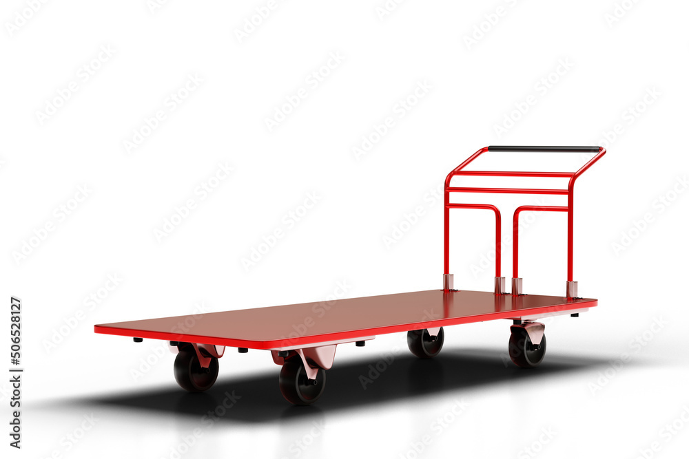 Red cargo trolley. Warehouse trolley for transporting boxes. Red cart ...
