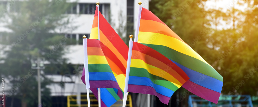 Rainbow flags, symbol of lgbt gender diversity, showing in front of ...