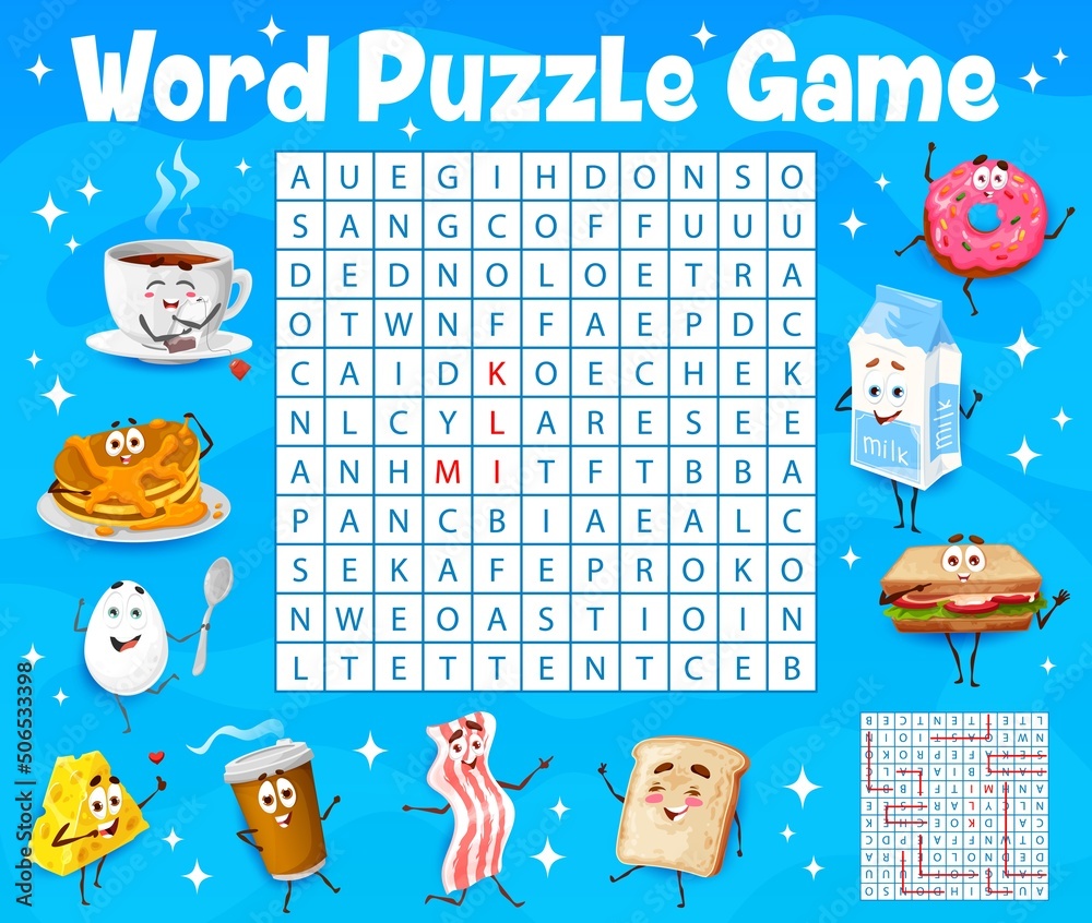 Cartoon breakfast characters word search puzzle game worksheet. Vector ...