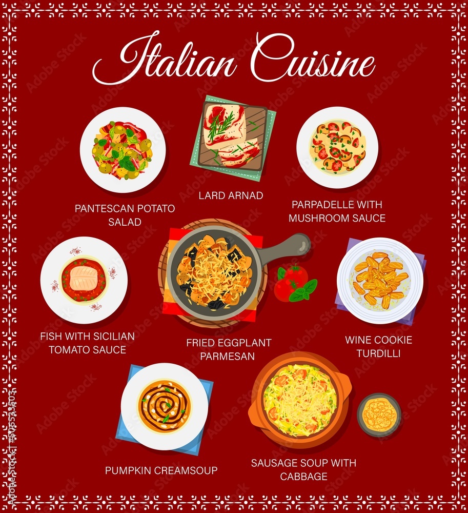Italian cuisine food menu, Italy restaurant traditional dishes, vector ...