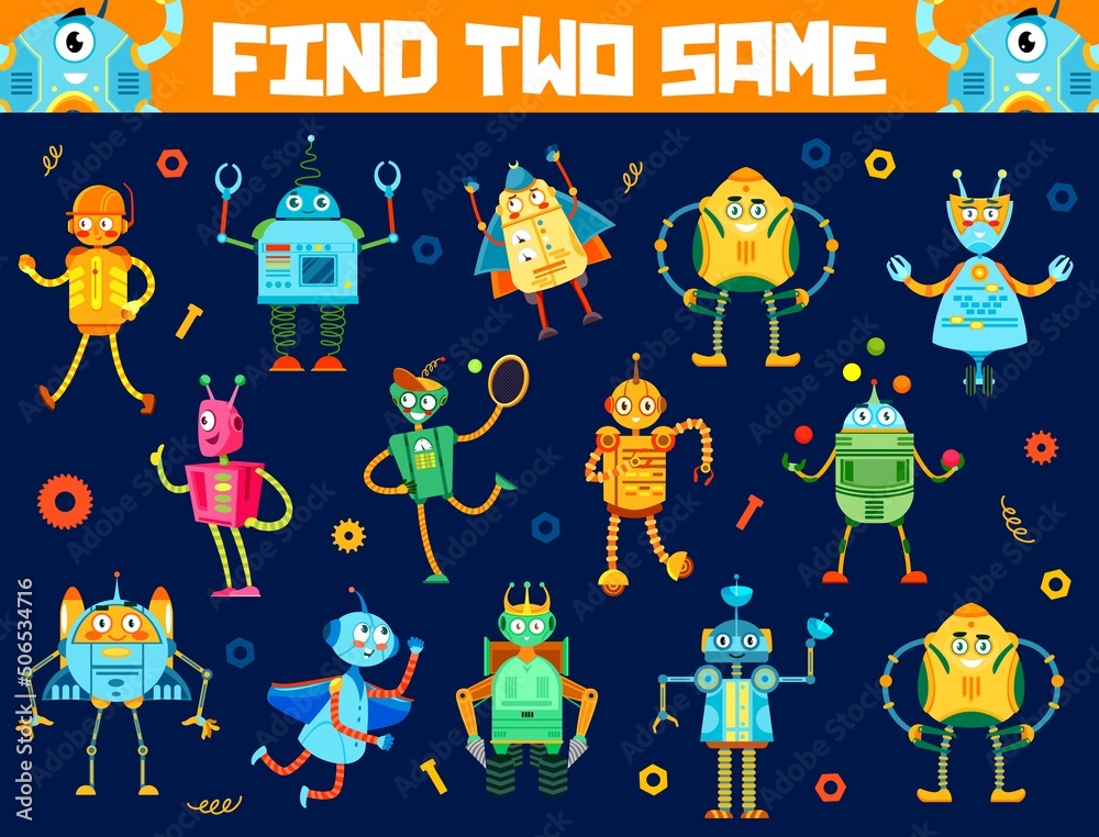 Find two same cartoon funny robots. Game worksheet, child logical ...