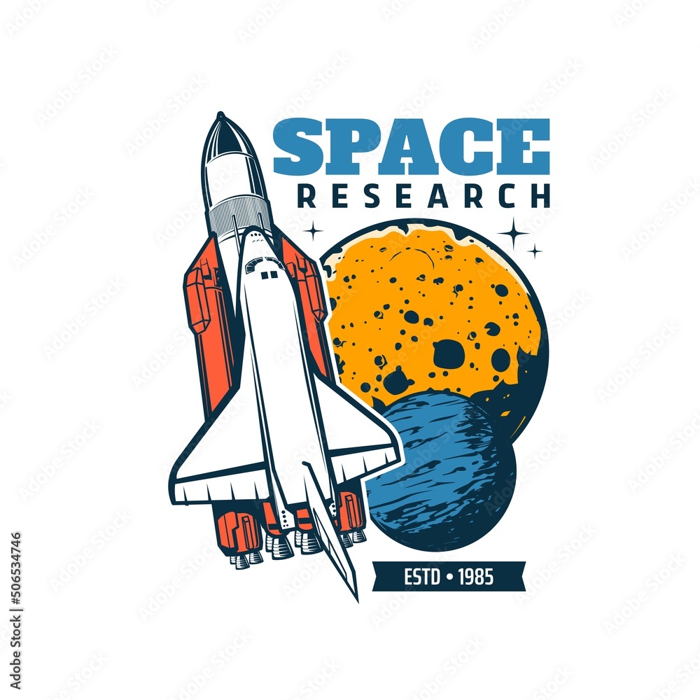 Spaceship icon with vector space shuttle, Moon and Earth planets, stars ...