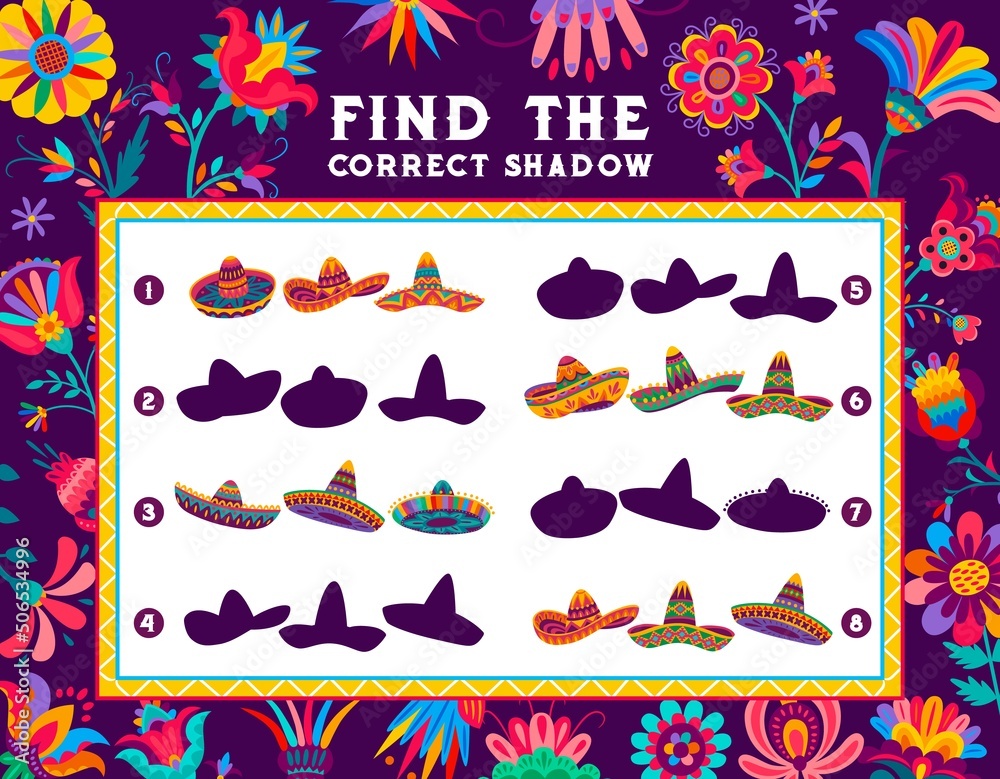 Find the correct shadow of mexican sombrero hat. Kids game worksheet ...