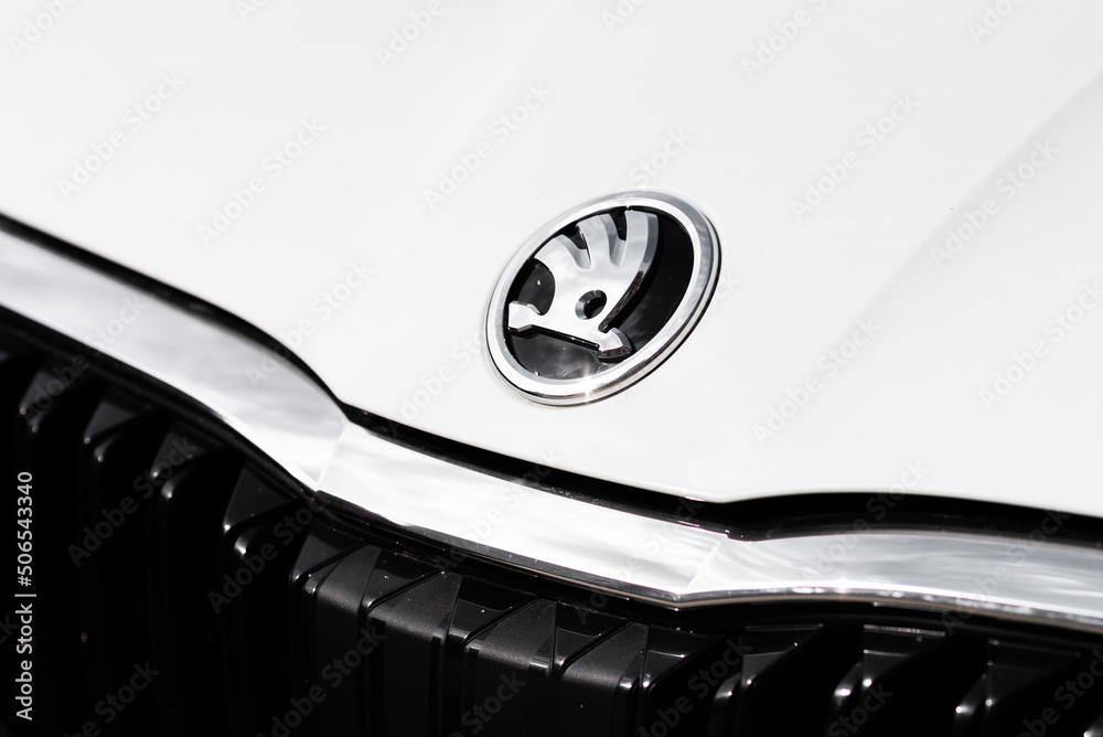 Detail of Skoda Auto brand logo. Symbol of Czech car maker and producer ...