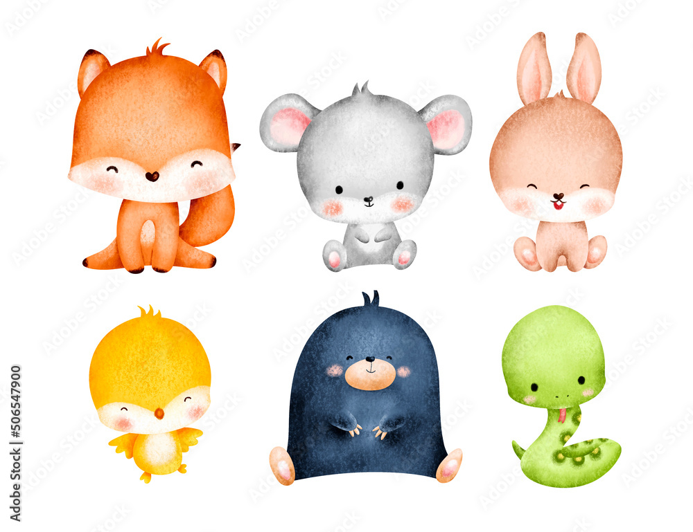 Watercolor set of Cute Baby Animals Illustration Stock Vector | Adobe Stock