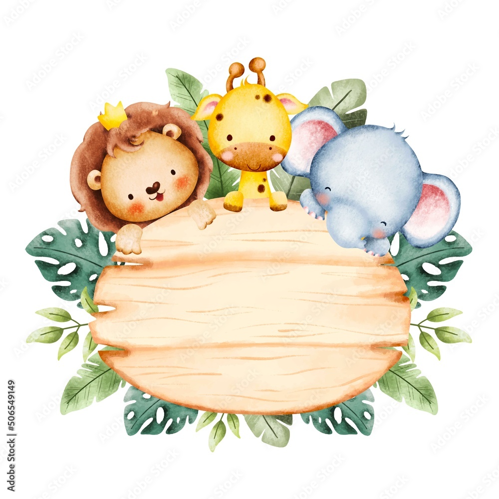 Watercolor Illustration Cute Baby Animal Frame template Stock Vector ...
