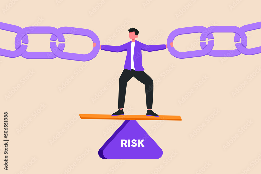 Businessman standing on risk triangle with holding metal chain together ...