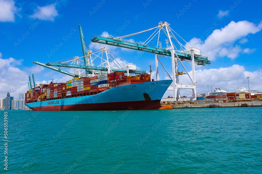 Maersk container ship at Port Miami, one of the largest cargo ports in ...