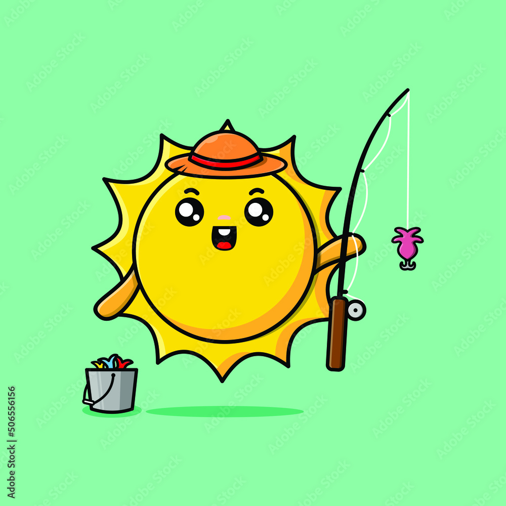 Cute cartoon sun ready fishing wearing fishing equipment cartoon ...