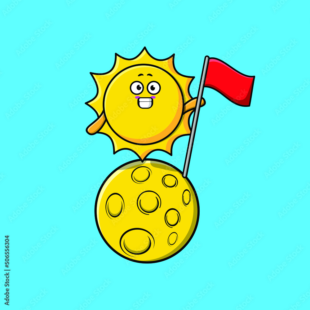 Cute cartoon Sun chef character standing on the moon with flag in 3d ...
