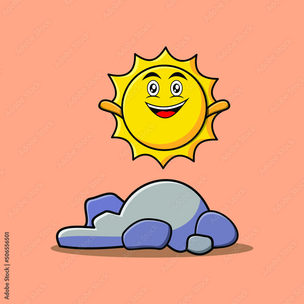Cute cartoon sun character standing in stone vector illustration in ...