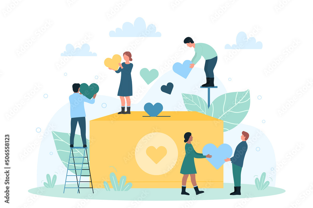 Charity, support and help from community. Cartoon tiny people hold ...