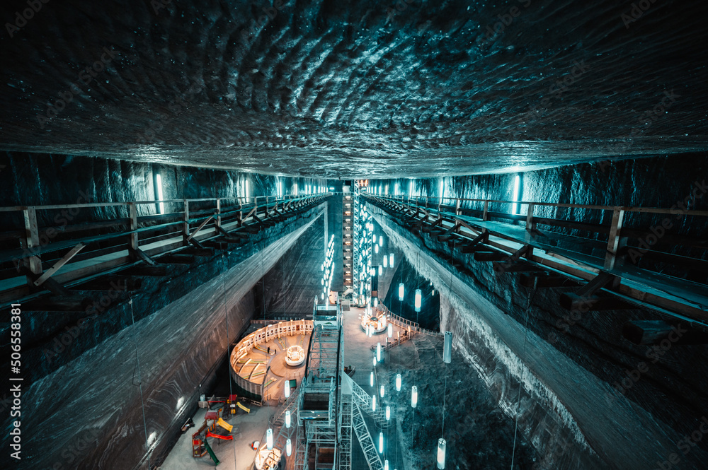 Underground theme park in big salt mine Salina Turda, Turda in Romania ...