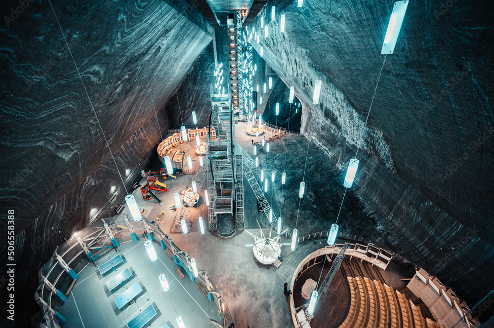 Underground theme park in big salt mine Salina Turda, Turda in Romania ...