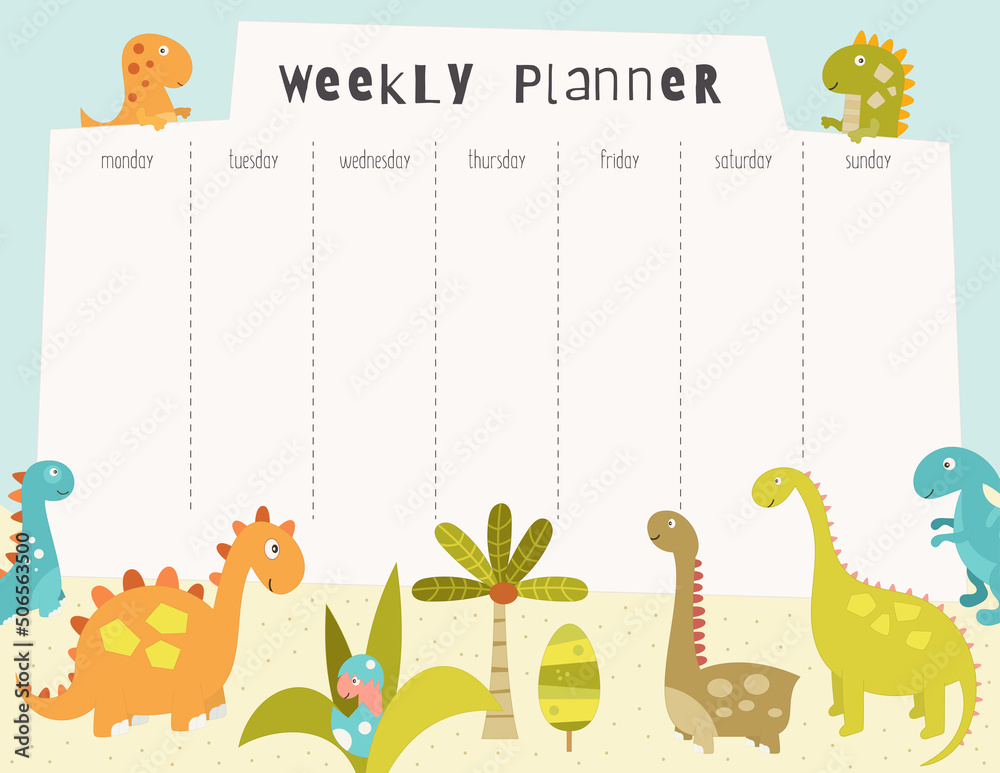 Dinosaurs Weekly Planner with Cute Dinosaurs and jungle palm. Funny ...